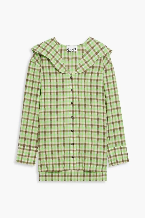 GANNI Checked Organic Cotton-blend Seersucker Shirt - Light Gray