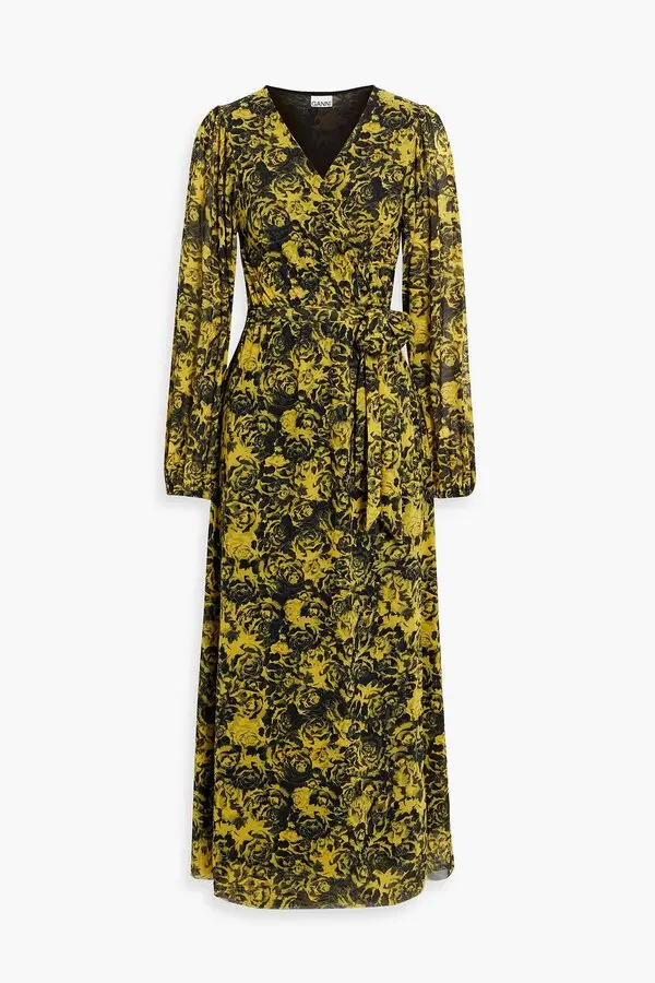 GANNI Printed Mesh Midi Wrap Dress