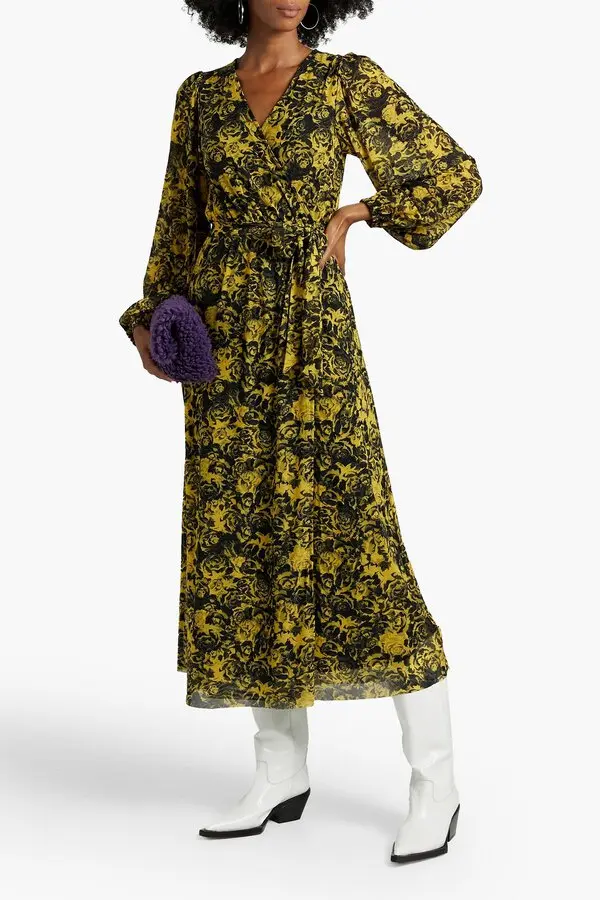 GANNI Printed Mesh Midi Wrap Dress