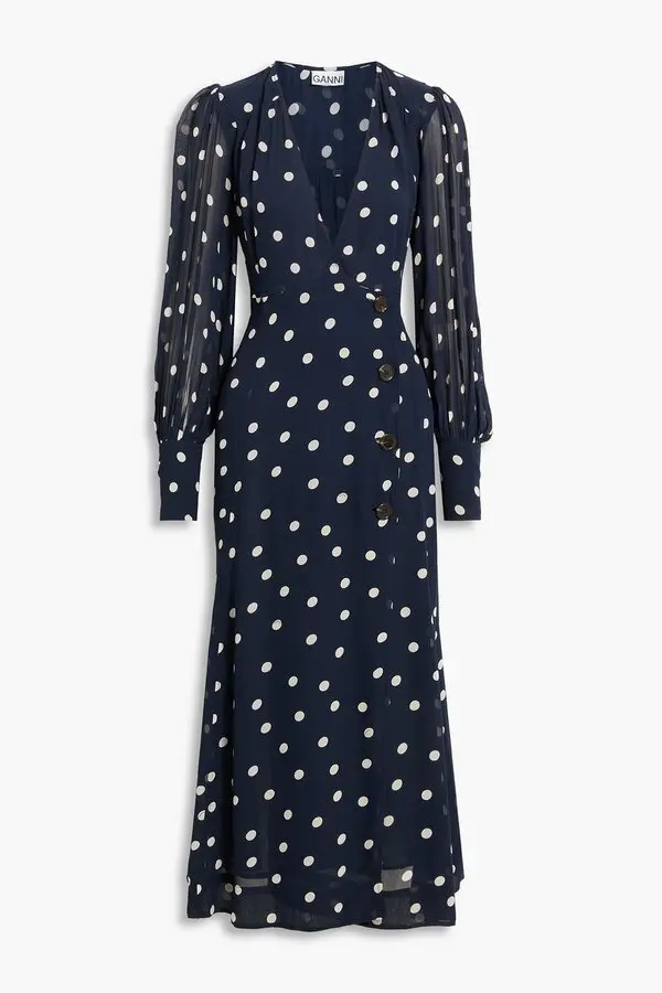 GANNI Wrapeffect Polkadot Crepe De Chine Midi Dress - Navy