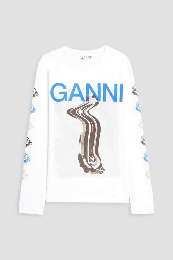 GANNI Printed Cotton Jersey Long Sleeve Top - White