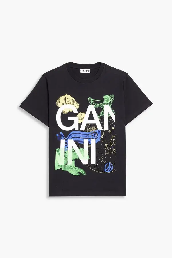 GANNI Printed Cotton-jersey T-shirt - Black