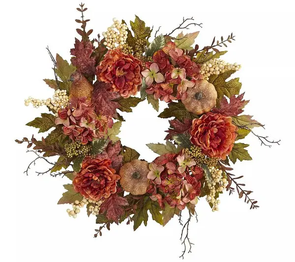 NEARLY NATURAL 24' Peony, Hydrangea And Pumpkin Fall Wreath - One-color