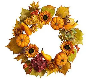 NEARLY NATURAL 22' Hydrangea, Pumpkin & Sunflo Wer Wreath - One-color