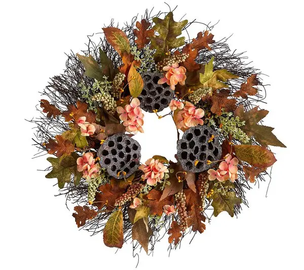 NEARLY NATURAL 22' Autumn Hydrangea, Dried Lotu S Pod Wreath - One-color