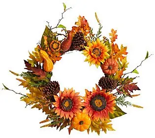 NEARLY NATURAL 24' Fall Sunflower & Berries Aut Umn Wreath - One-color