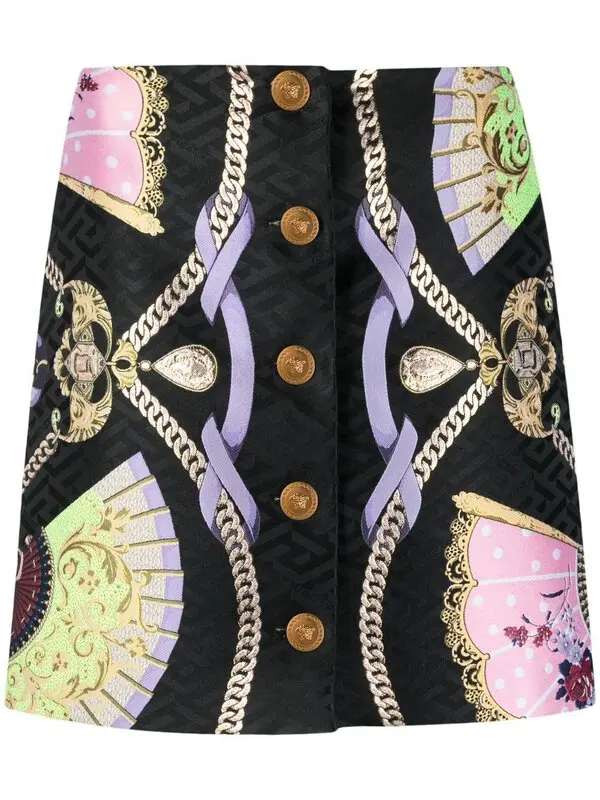 Versace Graphic-print Medusa Head Button Skirt - Black