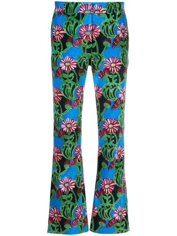 La DoubleJ Flared Floral Print Cotton Trousers - Green