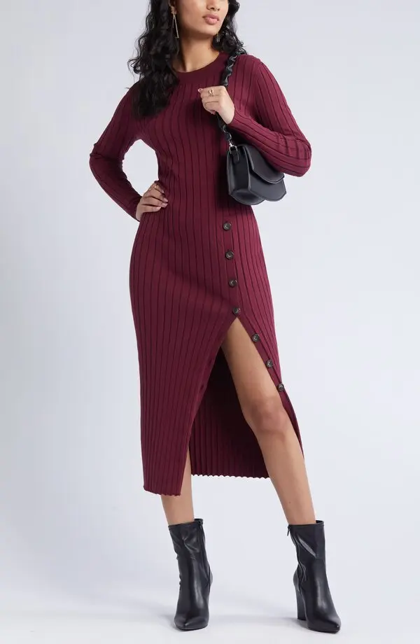 OPEN EDIT Button Sweater Midi Dress - Burgundy London