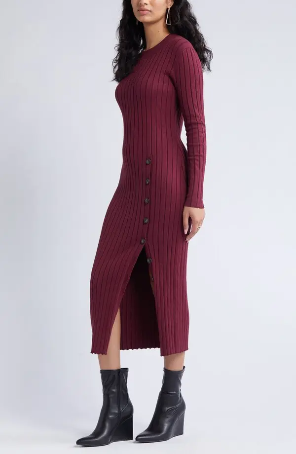 OPEN EDIT Button Sweater Midi Dress - Burgundy London