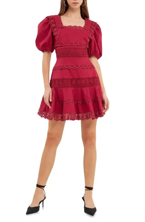 Endless Rose Lace Trim Puff Sleeve Mini Dress - Berry