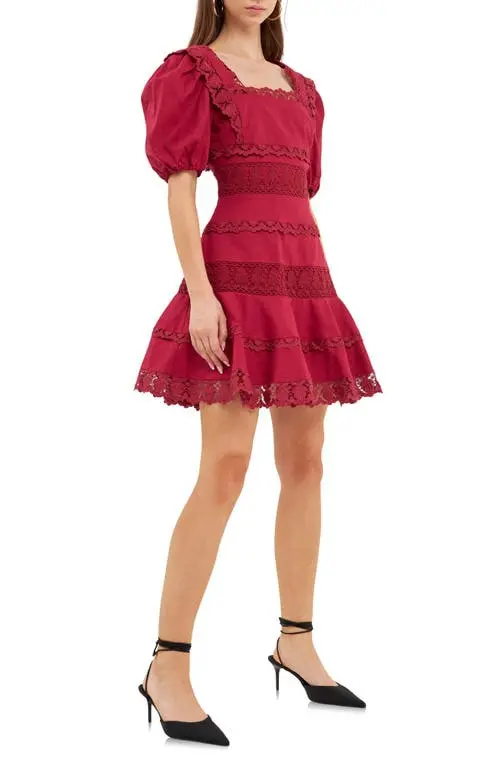 Endless Rose Lace Trim Puff Sleeve Mini Dress - Berry