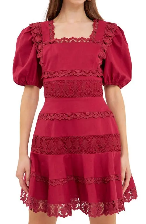 Endless Rose Lace Trim Puff Sleeve Mini Dress - Berry