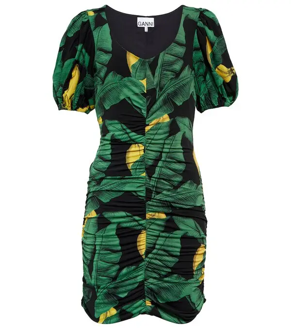 GANNI Printed Ruched Mini Dress - Black