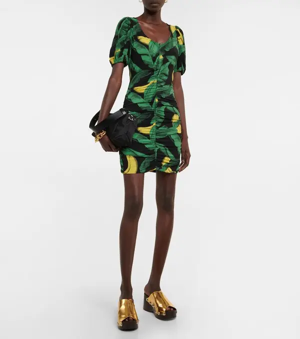 GANNI Printed Ruched Mini Dress - Black