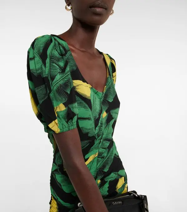 GANNI Printed Ruched Mini Dress - Black