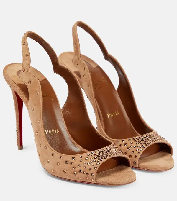CHRISTIAN LOUBOUTIN Suede Embellished Slingback Sandals - Brown