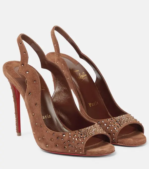 CHRISTIAN LOUBOUTIN Suede Embellished Slingback Sandals - Brown