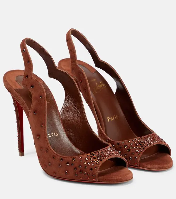 CHRISTIAN LOUBOUTIN Suede Embellished Slingback Sandals - Brown