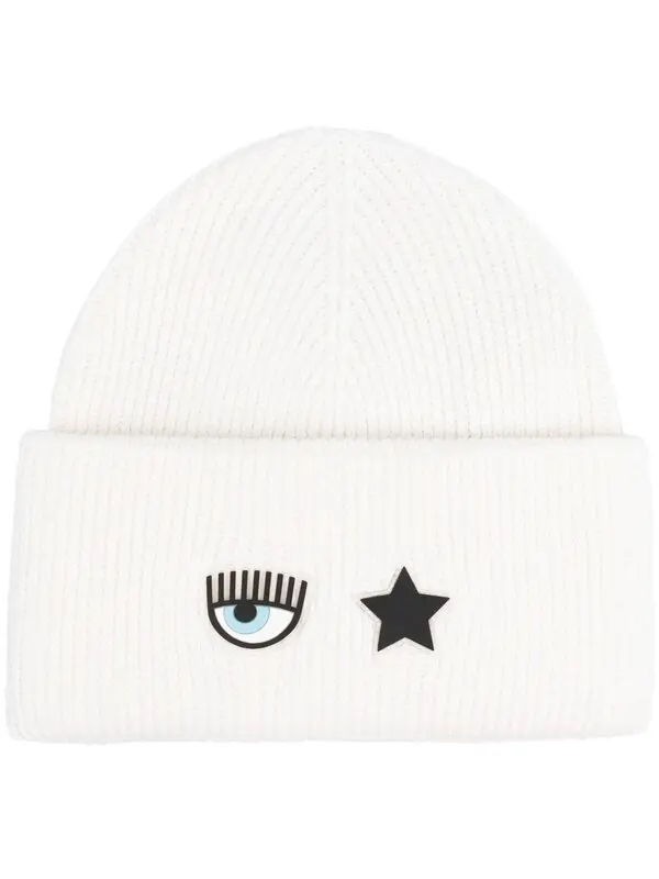 CHIARA FERRAGNI Eye-motif Ribbed Beanie - White