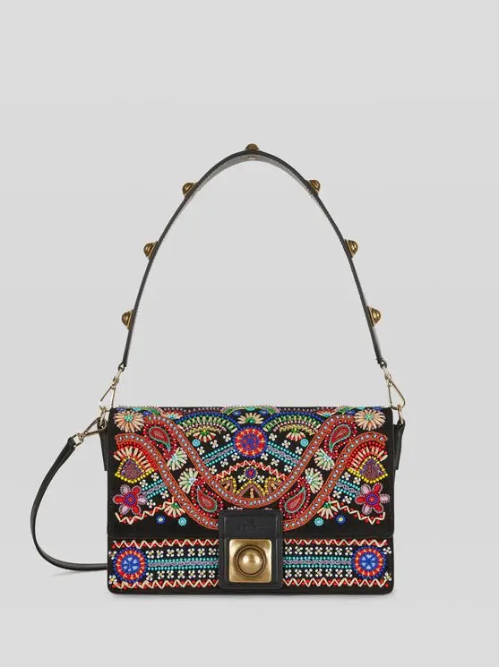 Etro Large Crown Me Suede Shoulder Bag With Embroidery