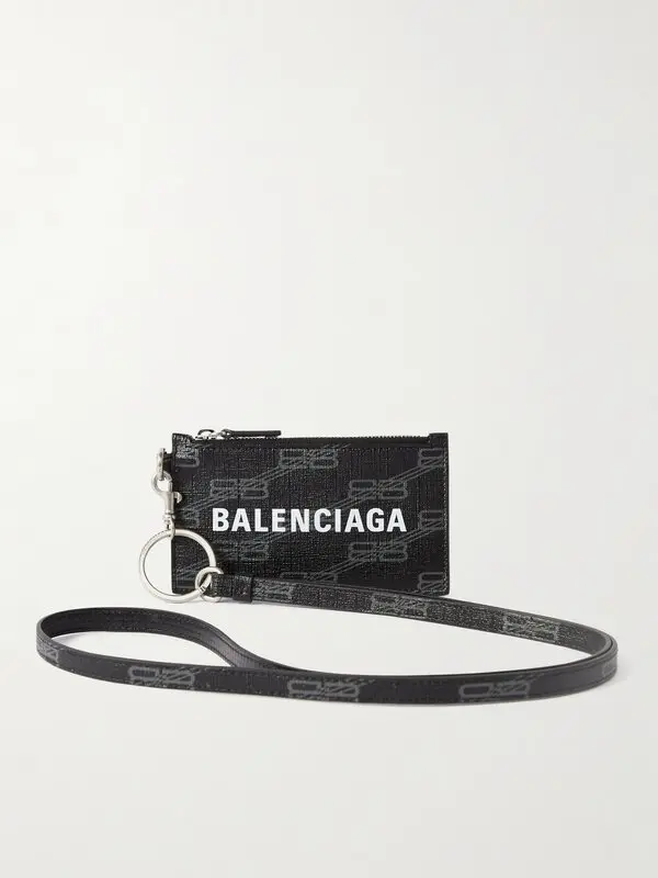 Balenciaga Logo-print Cross-grain Leather Cardholder With Lanyard - Gray