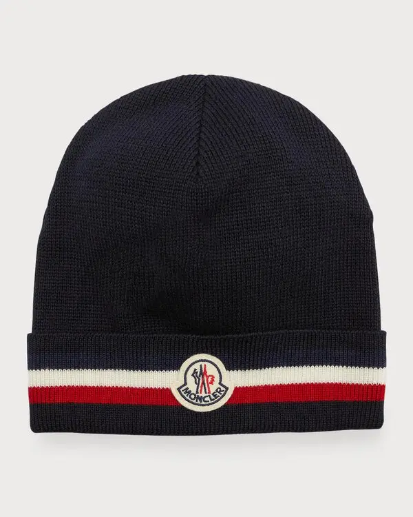Moncler Apos;s Tricolor Logo Beanie - Navy