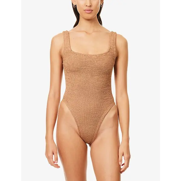 Hunza G Square-neck Seersucker Swimsuit - Metallic Coco
