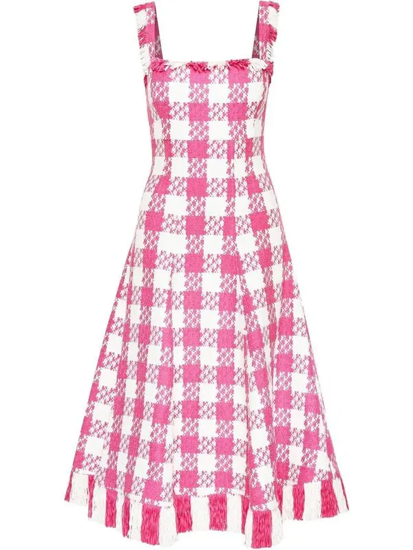 Oscar De La Renta Houndstooth Square Neck Midi Dress - Pink