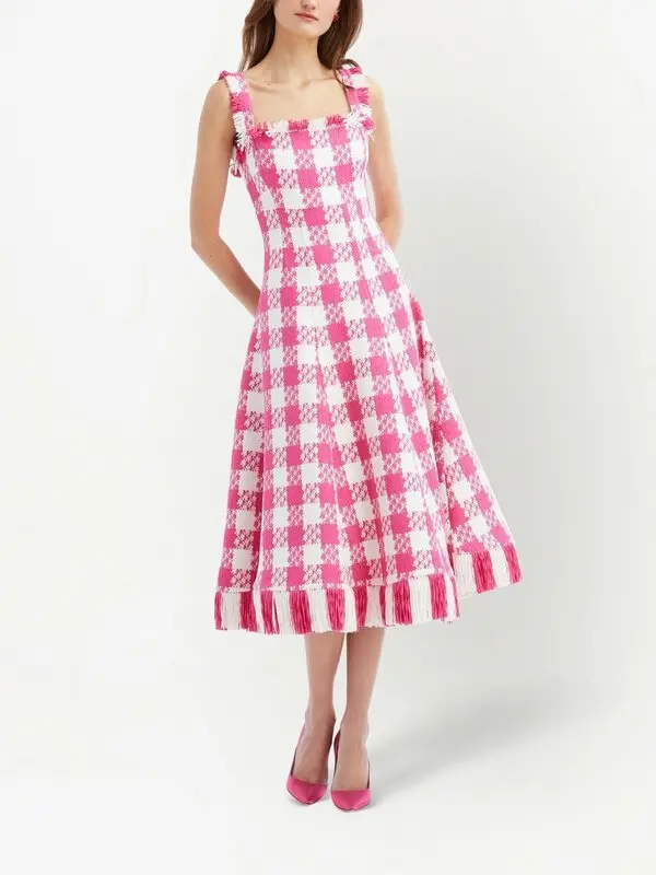 Oscar De La Renta Houndstooth Square Neck Midi Dress