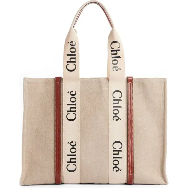 Chloé Medium Woody Linen Tote - White - Brown 1