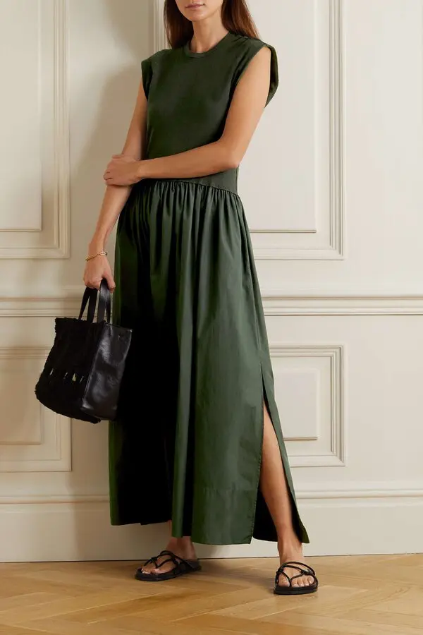 bassike green dress Turnback Ribbed Jersey And Cotton-Poplin Maxi - Army Web Collection: Virtue