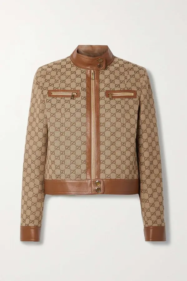 Gucci Aria Leather-trimmed Logo-jacquard Cotton-blend Canvas Jacket