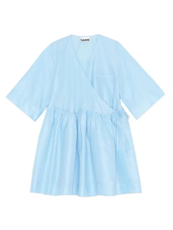 GANNI Blue Tafetta Oversized Wrap Mini Dress