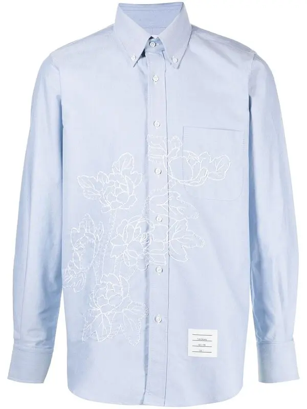 Thom Browne Floral-embroidered Long-sleeve Shirt - Blue