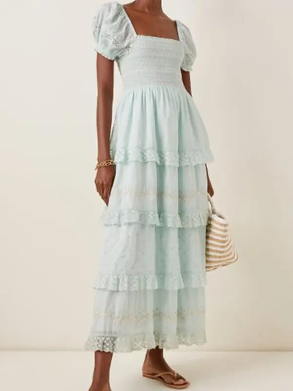 LoveShackFancy Capella Tiered Lace-trimmed Smocked Cotton Maxi Dress