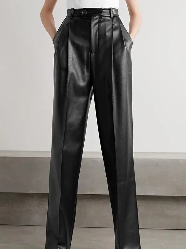 PETER DO Black Pleated Faux Leather Straight-leg Pants