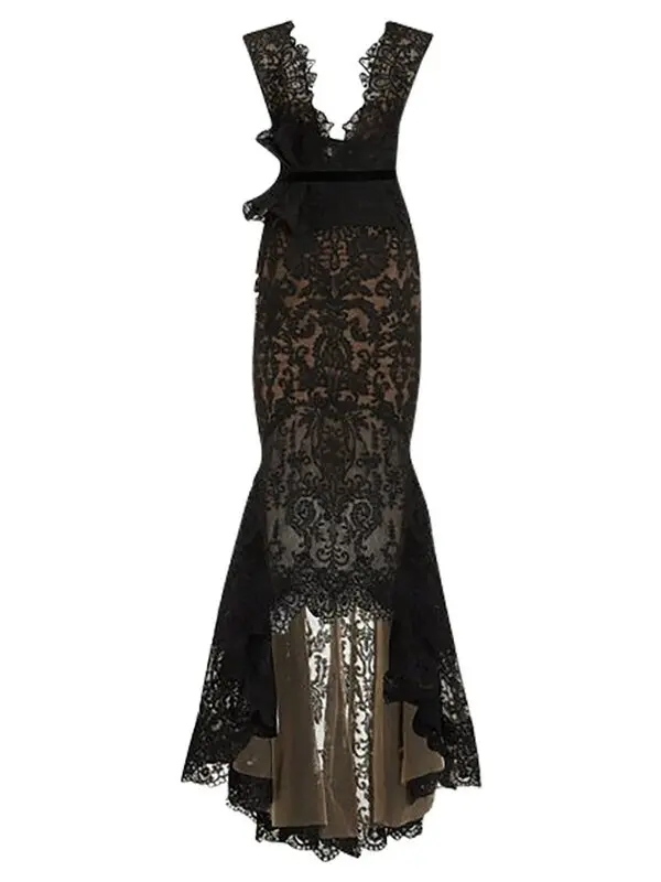 Marchesa Peplum-detailed Lace Gown
