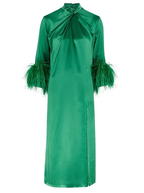 16 ARLINGTON Fujiko Green Feather-trimmed Satin Midi Dress