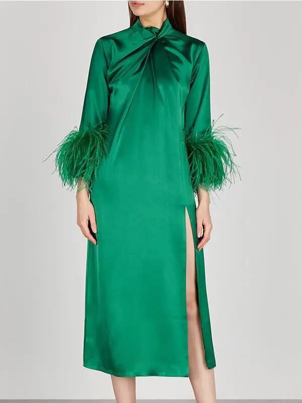 16 ARLINGTON Fujiko Green Feather-trimmed Satin Midi Dress
