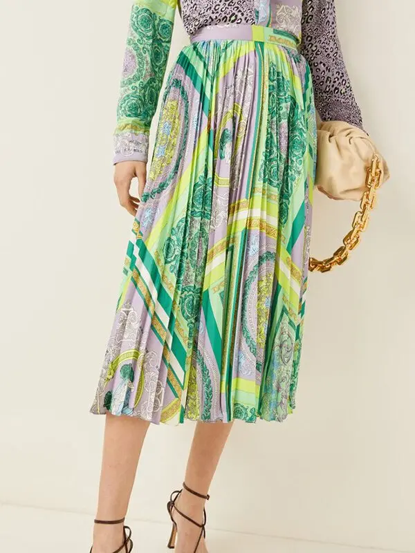 Versace Pleated Heritage-print Crepe Midi Skirt