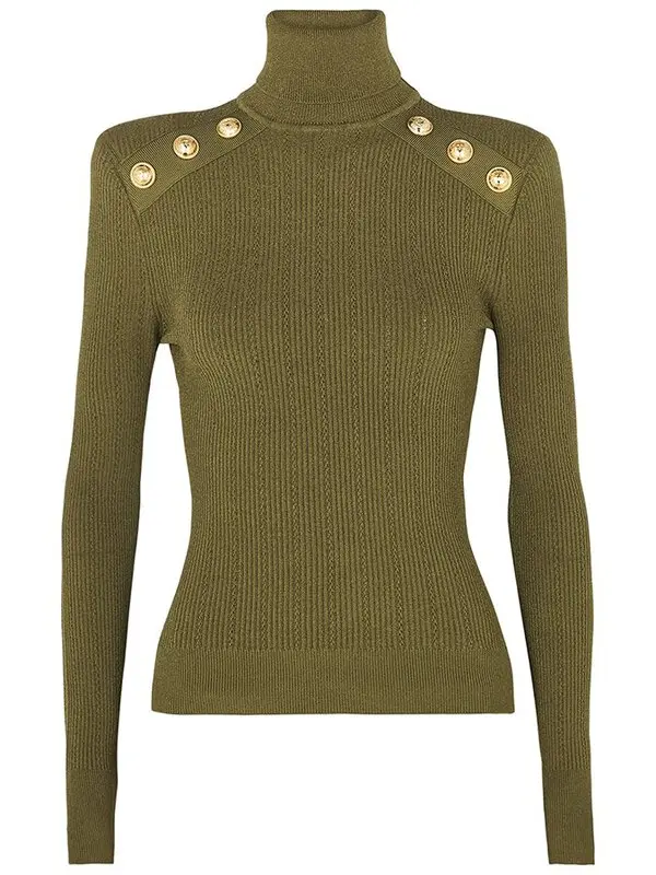 Balmain Army Green Roll-neck Ribbed-knit Jumper