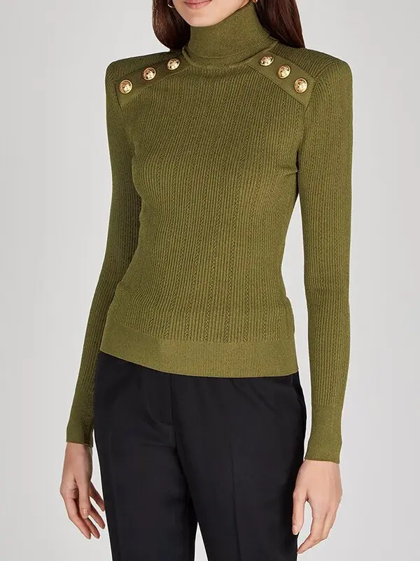 Balmain Army Green Roll-neck Ribbed-knit Jumper