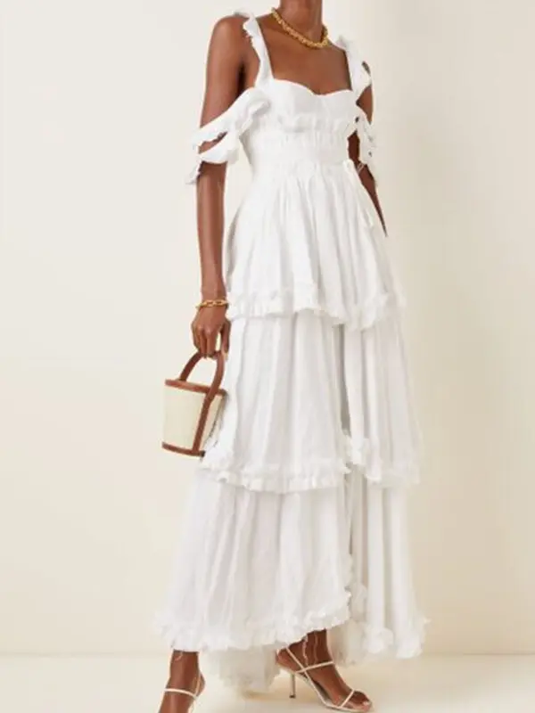 Brock Collection Samanta Tiered Linen Cold-shoulder Maxi Dress
