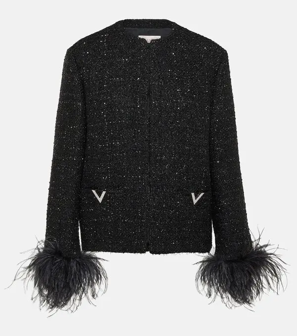 Valentino Garavani Feather-trimmed Tweed Jacket - Black