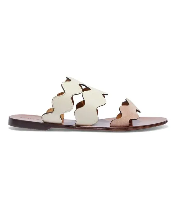 Chloé Lauren Scalloped Leather And Suede Slides