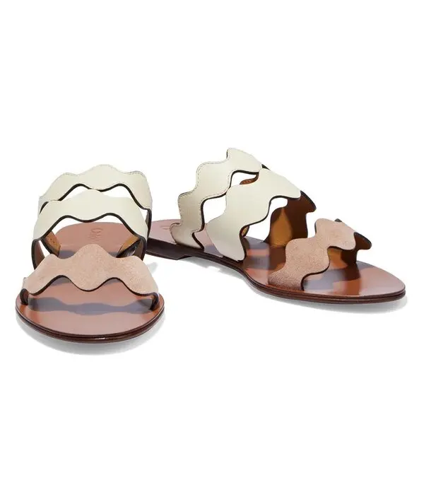 Chloé Lauren Scalloped Leather And Suede Slides