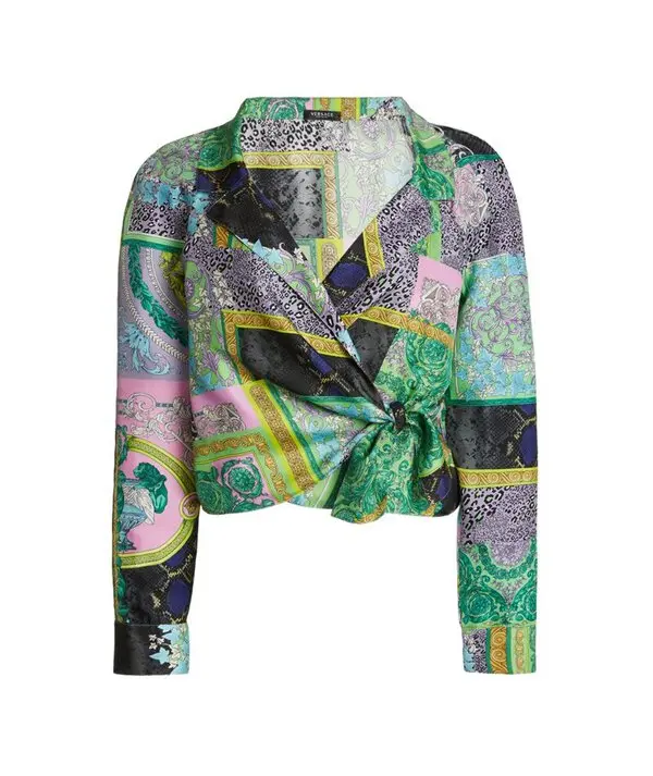Versace Cropped Patchwork-print Silk Twill Tie-front Shirt