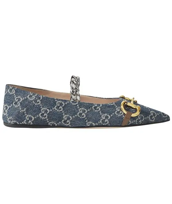 Gucci Deva Embellished Logo-jacquard Organic Denim Collapsible-heel Point-toe Flats