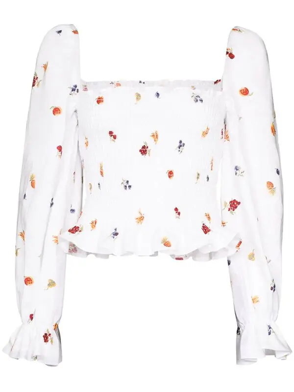 REFORMATION Ruched Fruit And Floral Print Top
